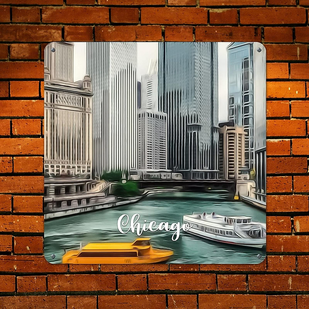 WoGuangis USA City Chicago Metal Plaque Tin Sign American Cities in Illinois States Street Hanging Sign Travel Gift Souvenir Aluminum Art Signs Quality Metal Sign for Front Porch Garden 12x12in