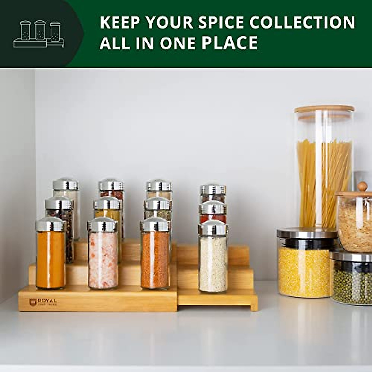 ROYAL CRAFT WOOD Bamboo Spice Organizer for Cabinet - Tiered Spice Rack Organizer for Cabinet or Countertop, Pantry Step Shelf (15.16"x 8.3" x 3.3")