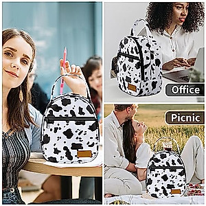 Joymee Lunch Box Insulated Lunch Bag Women Men Reusable Cooler Bag Adult Cute Lunch Tote Bags Organizer with Front Zipper Pocket,Adjustable Shoulder Strap for Work Office Picnic Travel,Cow Print White