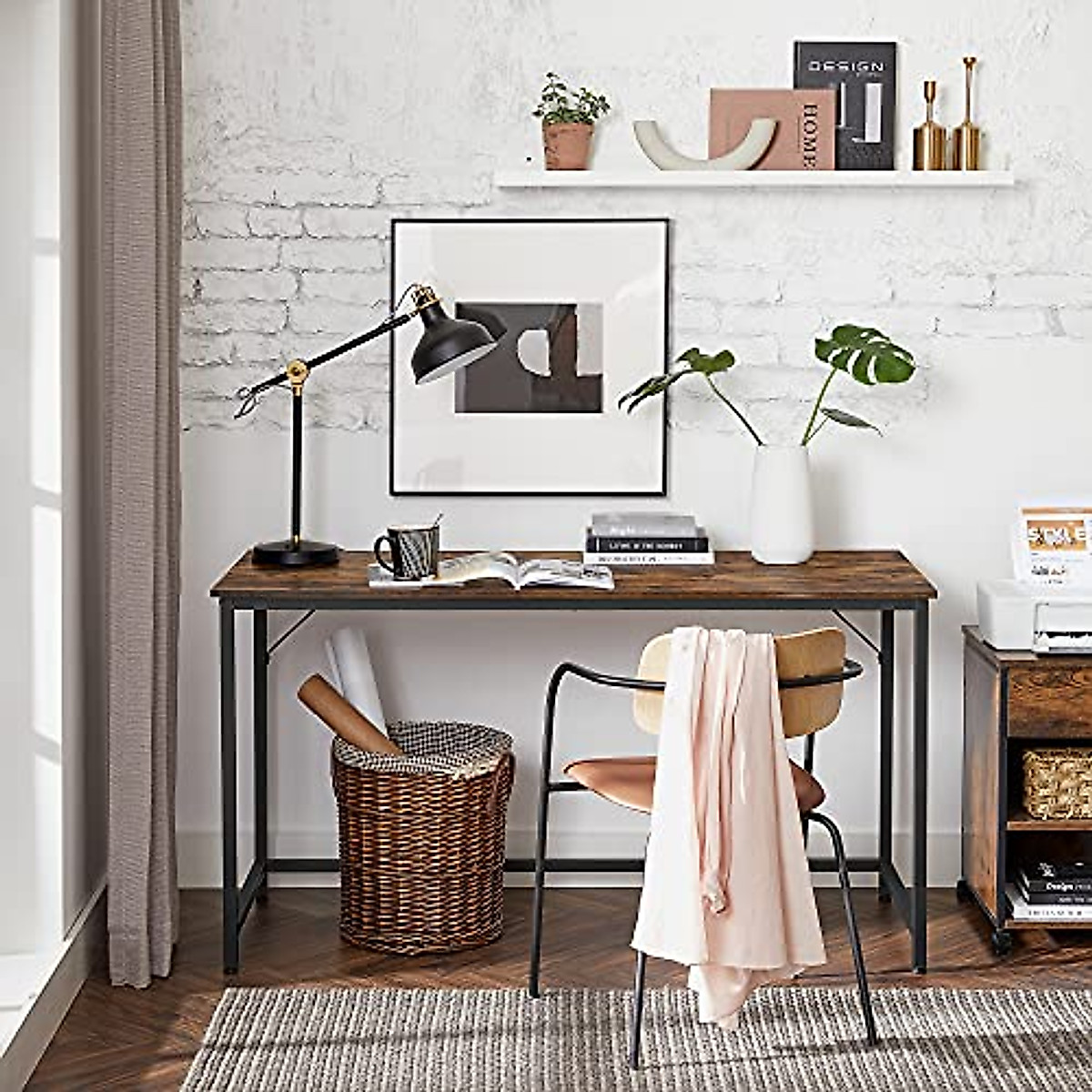 VASAGLE 55.1-Inch Computer Writing Desk, Home Office Small Study Workstation, Industrial Style PC Laptop Table, Steel Frame, Rustic Brown + Black