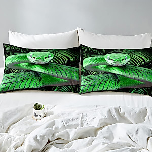 Snake Comforter Set Twin, Green Snake Duvet Insert, 3D Reptile Bedding Comforters, Green Scales Wild Animal Quilt Set Rainforest Palm Leaf Stylish Quilted Duvet For Kids Boys Teens Man Bedroom Decor