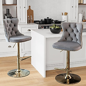 Aoowow Swivel Bar Stools Set of 4,Adjustable Barstools with Back Velvet Tufted Counter Stools Modern Upholstered Bar Chairs with Nailhead for Kitchen Island Restaurant Pub Counter