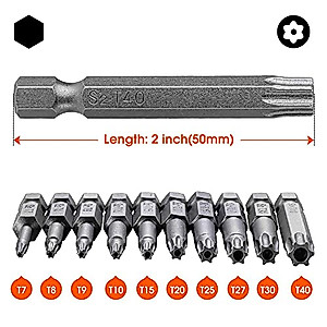 10PCS Torx Head Screwdriver Bit Set, VAKOGAL S2 Steel Magnetic Security Tamper Proof Star 6 Point Screw Driver Kit Tools, 1/4 Inch, Hex Shank T7-T40