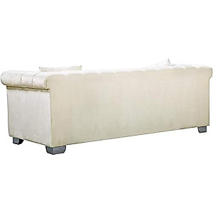 Meridian Furniture Kayla Collection Modern | Contemporary Velvet Upholstered Loveseat with Deep Channel Tufting and Custom Chrome Legs, Cream, 68" W x 37" D x 31" H