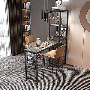 QNICE LED Lights Bar Table with Shelves/Modern Kitchen Counter Height Dining Table/Lounge or Dining Room Storage Pub Table/Dark Rustic Oak/Easy Assembly