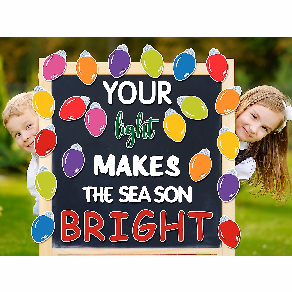 Whaline 43Pcs Light Bulbs Cutouts Bulletin Board Cutouts Christmas Cut Outs with 100 Glue Points Your Light Make The Season Bright Letter Paper Cutting for Xmas Home School Classroom Party Supplies