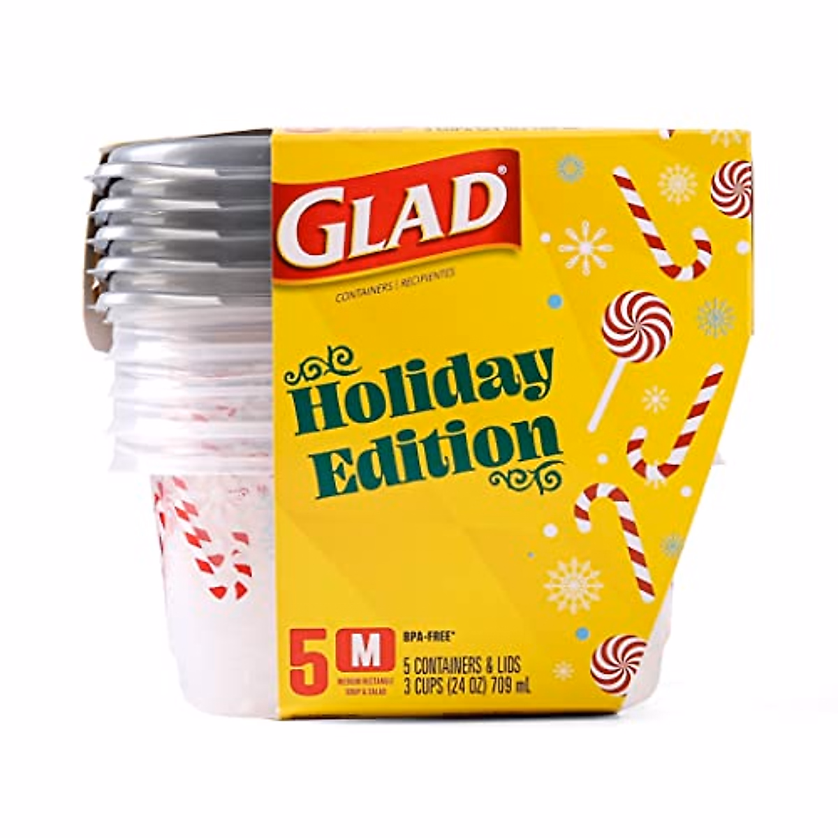 GladWare Soup & Salad Medium Rectangle Holiday Edition Food Storage Containers with Lids | 24 oz Holiday Containers with Silver Lids & Candy Cane Design, 5Ct | Airtight Food Storage Containers