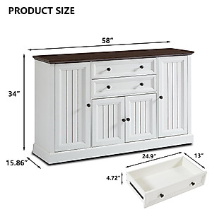 IFGET Farmhouse 58" Buffet Cabinet with Storage, 34" Tall Coffee Bar Cabinet w/2 Large Drawers & 4 Grooved Barn Doors, Wood Rustic Sideboard Buffet Cabinet for Dinning Room, Kitchen, Living Room,White