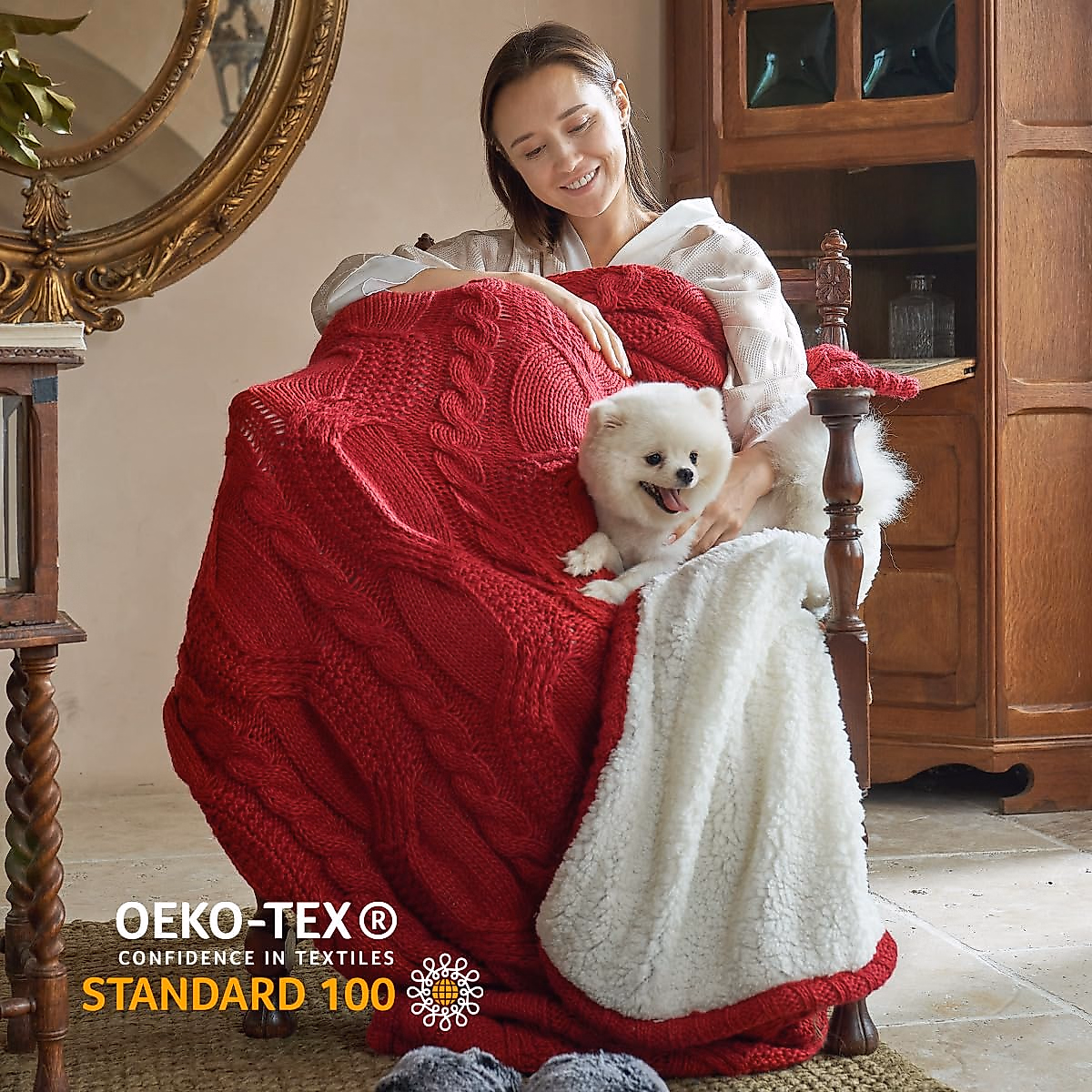 Amélie Home Reversible Sherpa Cable Knit Throw Blanket Soft Cozy Warm Winter Fleece Throw Blankets for Couch Bed Living Room, Christmas Red, 50x70