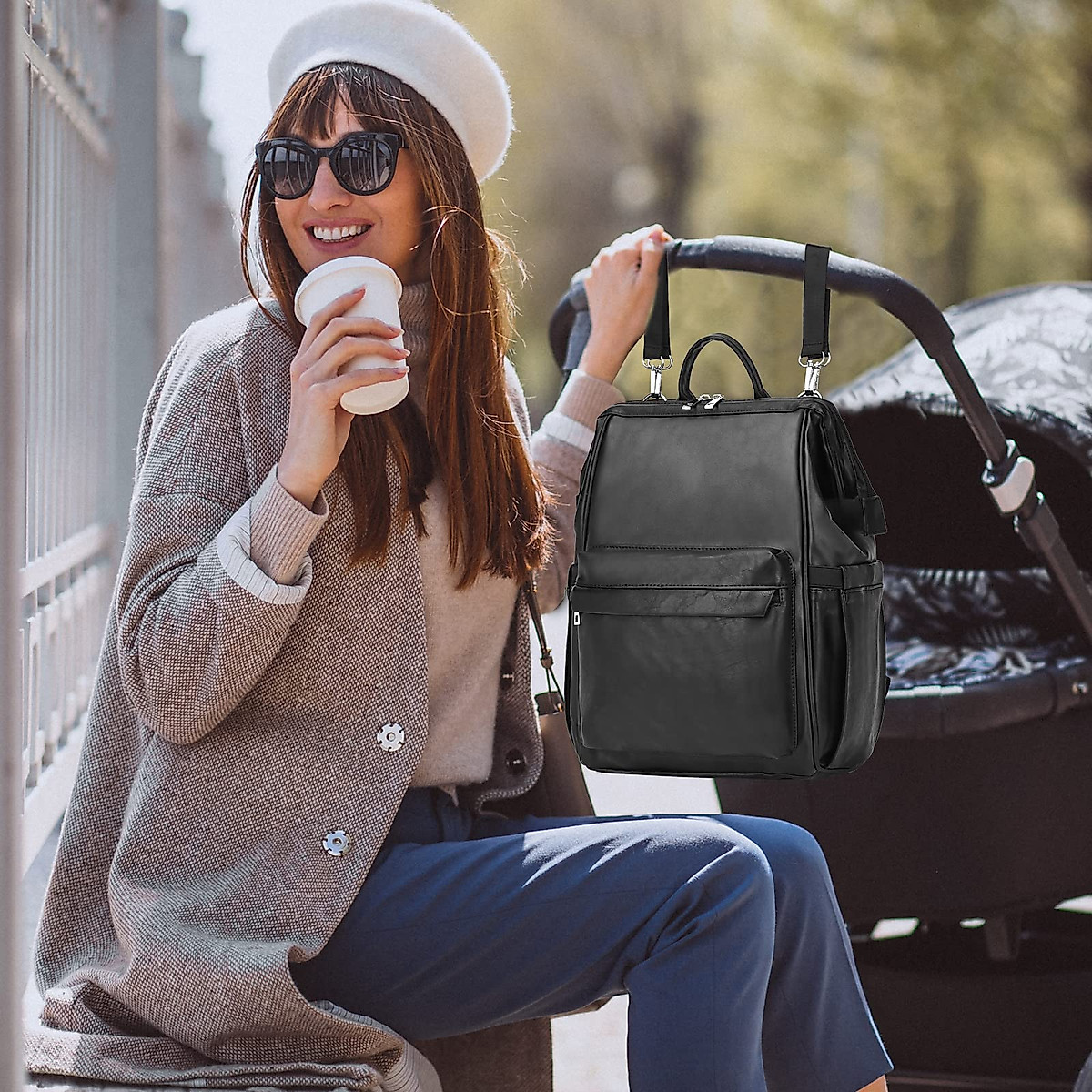 ARDIKAMA Diaper Bag Backpack Leather Diaper Bag for Mom Baby Diaper Bag with Changing Pad Stroller Straps(3 pieces) Black