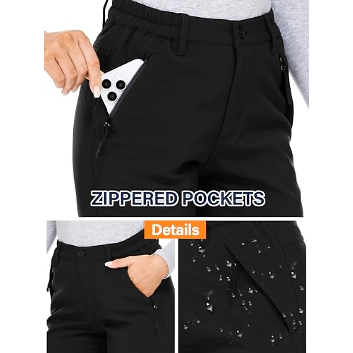 Womens Snow Pants Winter Waterproof Pants Outdoor Soft Shell Fleece Linded Cargo Ski Hiking Pants, Black 16