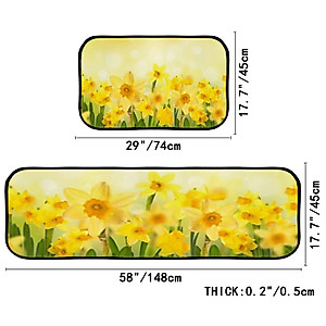Kuizee Kitchen Mat Set of 2 Pieces Anti Fatigue Rugs Yellow Daffodils Spring Butterflies Floral Soft Water Absorbent Non-Slip Standing Mats Kitchen Decor Floor,17.7"x 29" +17.7"x58"