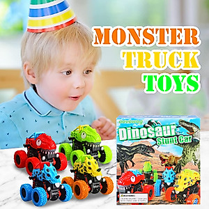 aovowog Monster Truck for Boys, 4 Pack Pull Back Cars, Friction Powered Cars for Kids, Dinosaur Truck Toys for 3 4 5 6 Year Old Boys - Christmas Birthday Party Gift for Kids