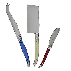 Laguiole Connoisseur Cheese Knife Set of 3 – Stainless Steel Cheese Knives Set – Cheese Spreader, Spear & Cleaver Knife – Luxurious Charcuterie Accessories for Parties (3-Piece, Red/White/Blue)