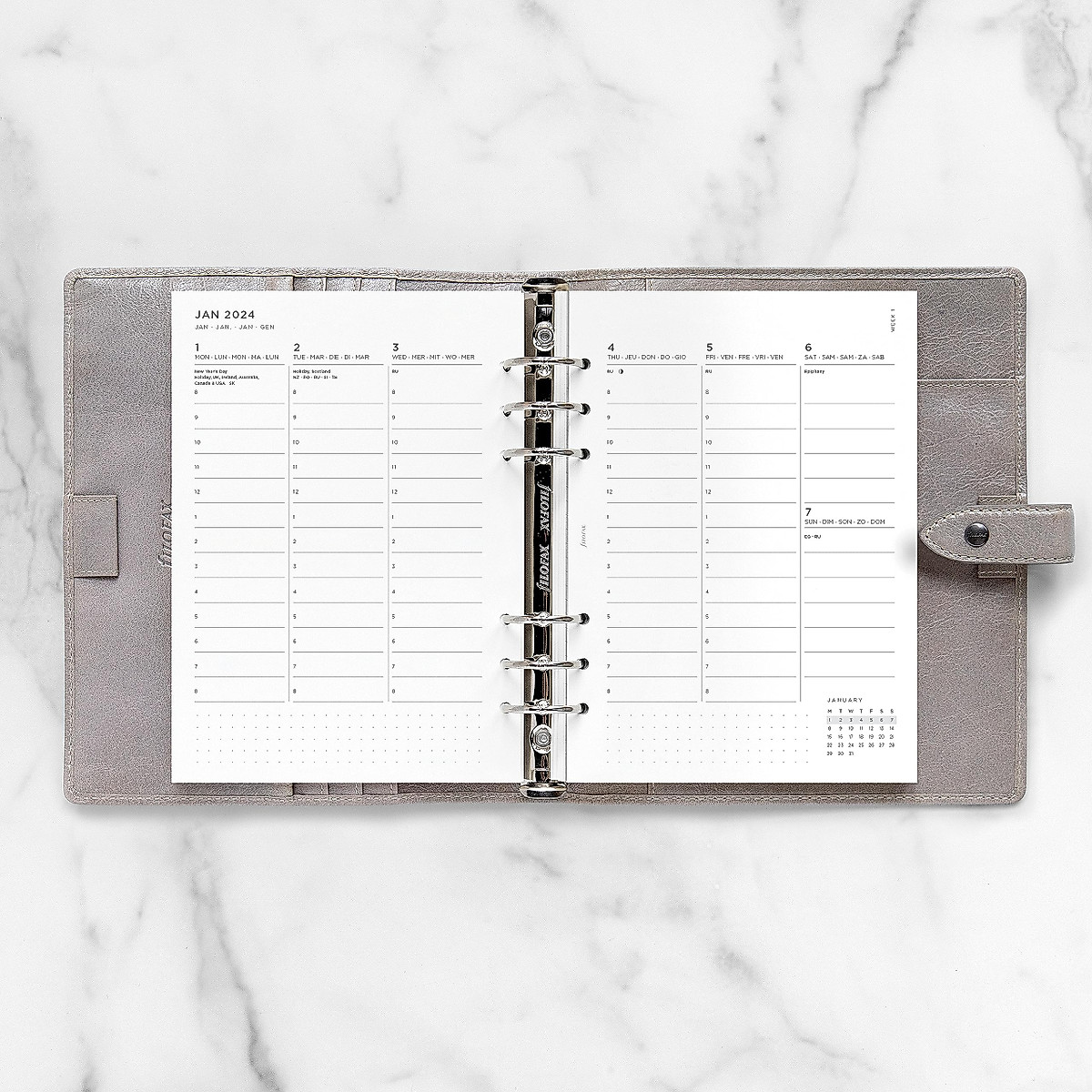 Filofax Calendar Diary Refill, A5 Size, Week-to-View with Appointments, Minimal Diary Pack, Vertical, White Paper, Multilingual: Five Languages, 2024 (C68593-24)