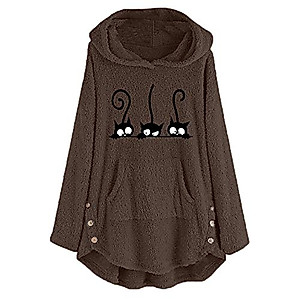 Hoodies for Women, FAPIZI Women Autumn Winter Crew Neck Cat Printed Shaggy Fuzzy Fleece Long Hooded Sweatshirts Pullover Brown