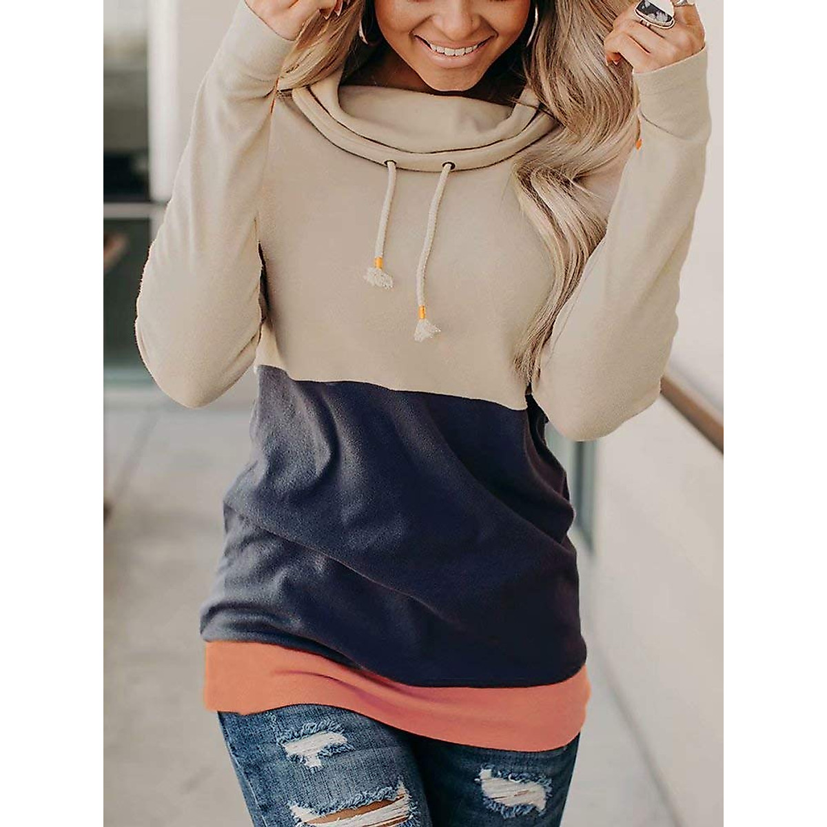 Kotiera Women's Casual Turtle Cowl Neck Sweatshirt Color Block Thumb Holes Pullover Long Sleeve Winter Warm Tunic Top Apricot S