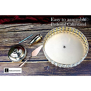LINDLEMANN - Shiny Cake Stand - Decorative Metal Cake Holder w/Spatula - Round Stand w/Mineral Crystals -Serving Plate Dessert Table Display - Easter Dessert Tray-Rose Gold(12 in)