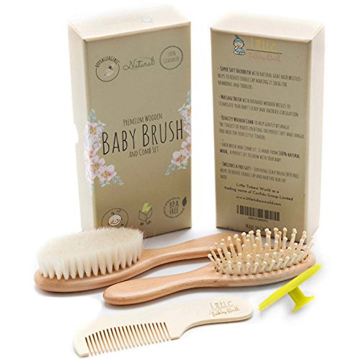 Wooden Baby Hair Brush and Comb Set (4-Piece) for Newborns and Toddlers | Ideal for Baby Cradle Cap | Wood Bristles Baby Brush | Baby Massage and Scalp Brush | Perfect for Baby Registry Gift Set