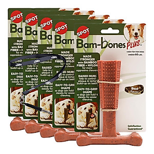 moofin Bam Bones for Dogs, Plus T Bone, 6 inch Chew Toy, Bundle SS Pet Training Whistle, Beef Flavored Dog Bones for Aggressive Chewers, Ideal for Dogs Under 60lbs~ [Pack of 5]
