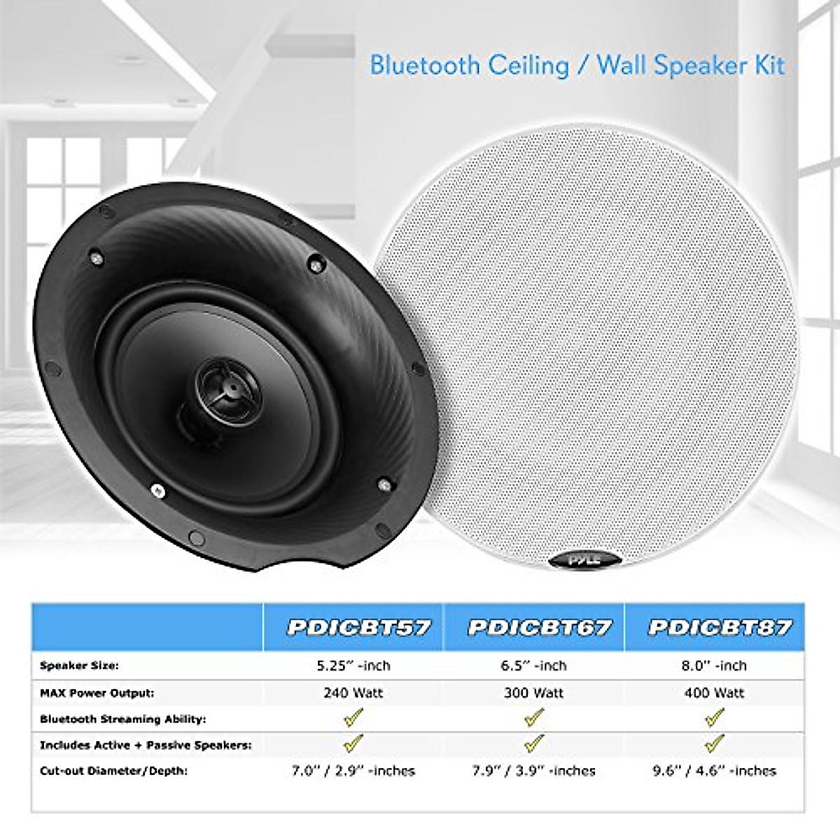 Pyle 5.25” Pair Bluetooth Universal Flush Mount In-wall In-ceiling 2-Way Speaker System Dual Polypropylene Cone & Polymer Tweeter Stereo Sound 240 Watts (PDICBT57),Black