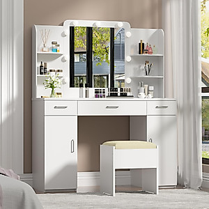 Xilingol Vanity Desk with Mirror and Lights, 45.3" Vanity Set with Mirror and Stool, Large Makeup Vanity with Drawers and Cabinets, Vanity for Bedroom, Makeup Room, White