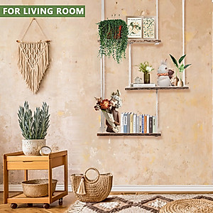OriCre Floating Shelves Boho Wall Shelves 3 Tier Rustic Wood Hanging Shelves Adjustable Rope Shelf for Boho Aesthetic Room Decor Bedroom/Living Room/Bathroom/Kitchen/Corner/Plant,Book,Décor