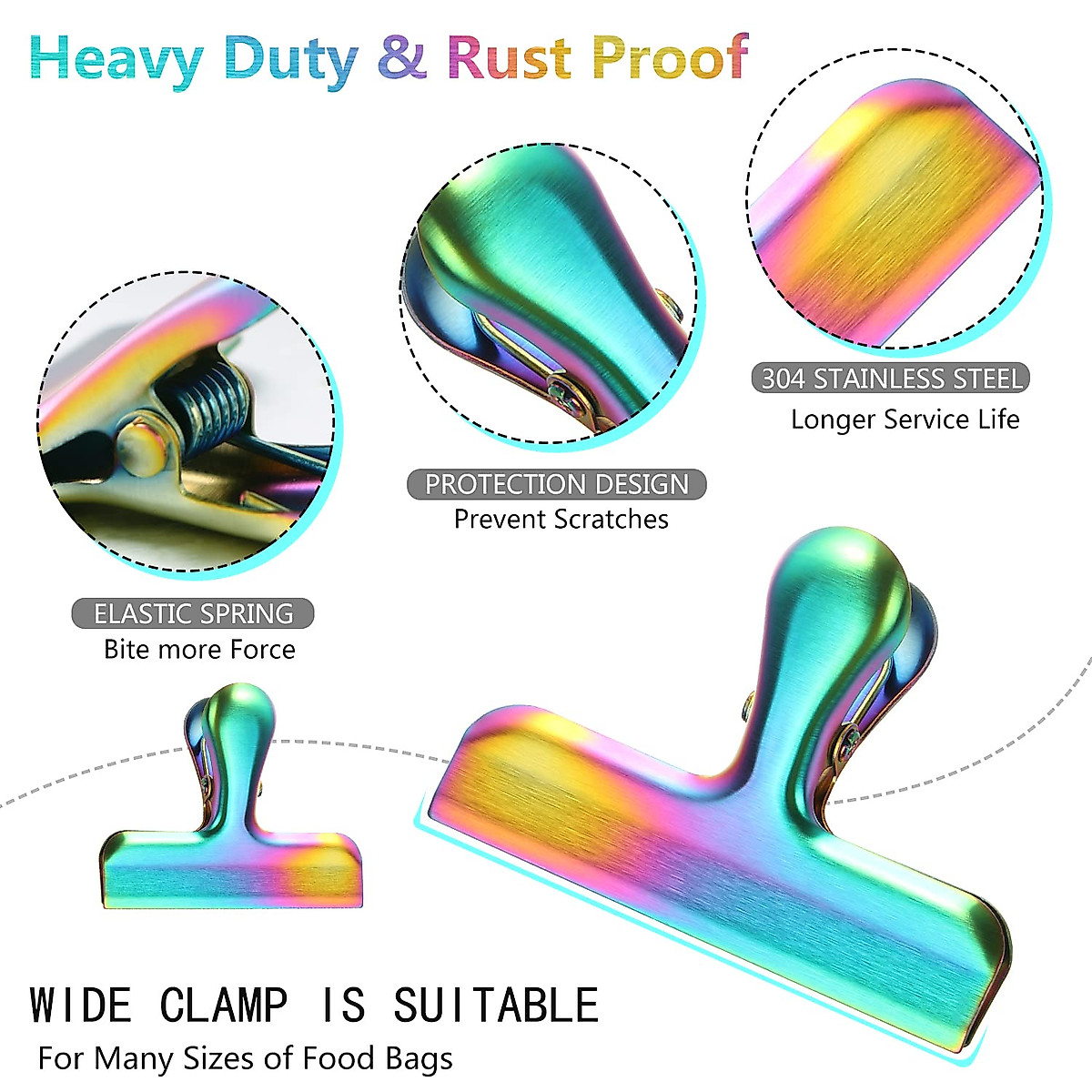 BENBO 8 Packs Stainless Steel Bag Clips, Heavy Duty Metal Bag Clips Food Clip Strong Snack Clips Tightly Seals Chip Coffee Bread Cereal Bags Clips for Home Kitchen Office Camping, 2 Sizes (Colorful)