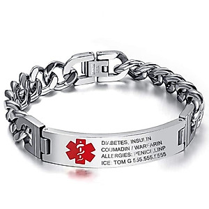 Lam Hub Fong Emergency Medical Alert Bracelets for Women Men Free Engrave Medical ID Bracelets 7.5 to 9.5 Inches Non Tarnish Titanium Steel Alert ID Bracelet (Silver-8.5 inches for men)