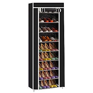 DESIGNSCAPE3D Portable 9 Tiers Shoe Rack with Cover, Non-woven Fabric, 9 Lattices, Space-saving, Suitable Bedroom Cloakroom, Black
