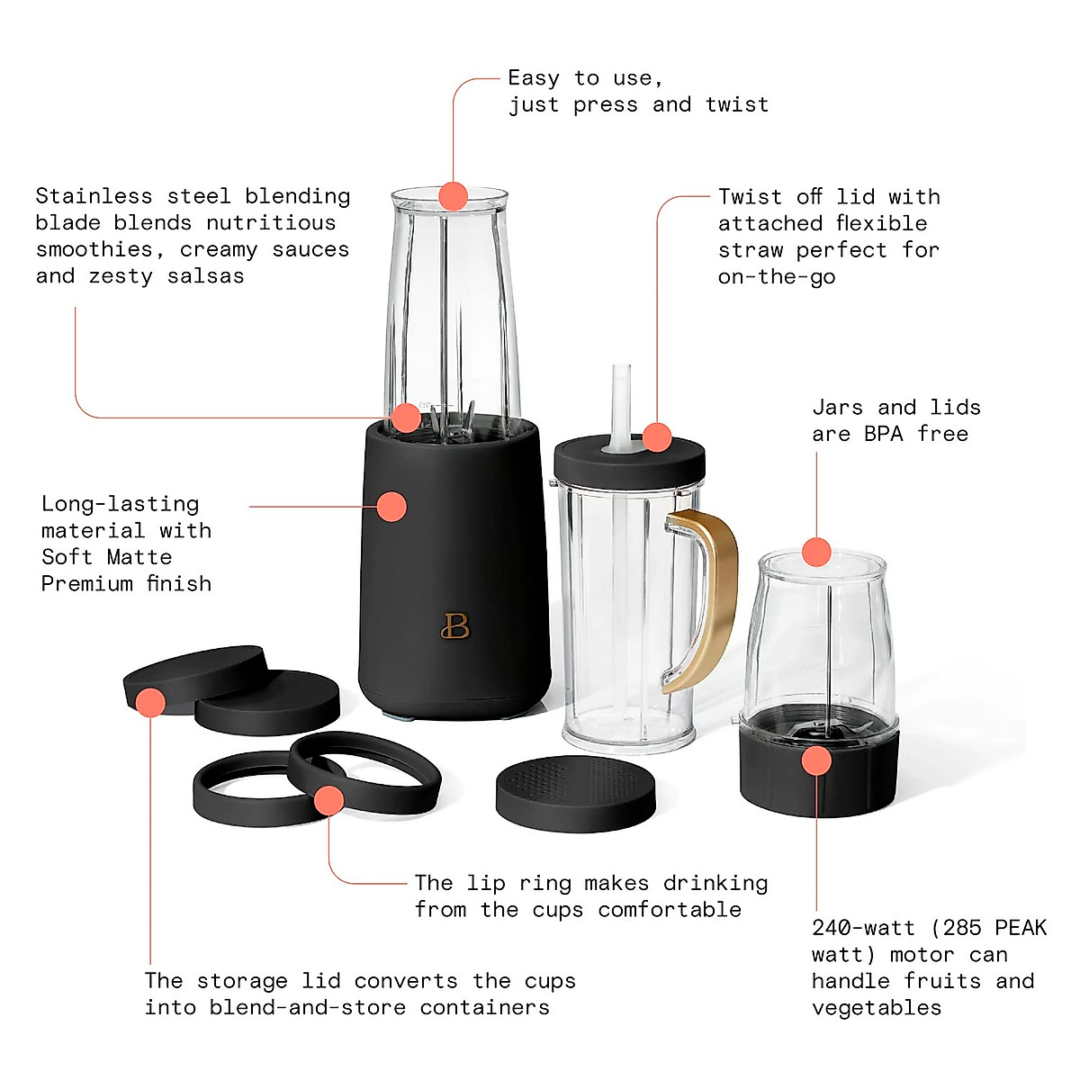 Beautiful Personal Blender, 12 Piece Set by Drew Barrymore (Black Sesame)