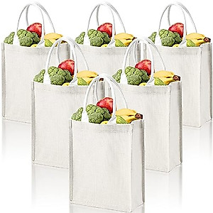 DEAYOU 6 Pack Jute Burlap Tote Bag, Burlap Gift Bag with Handle, Jute Beach Tote Laminated Interior, Reusable Lined Grocery Shopping Bag for Bridesmaid, DIY, Wedding,9.8''x11.8''x3.9'', White