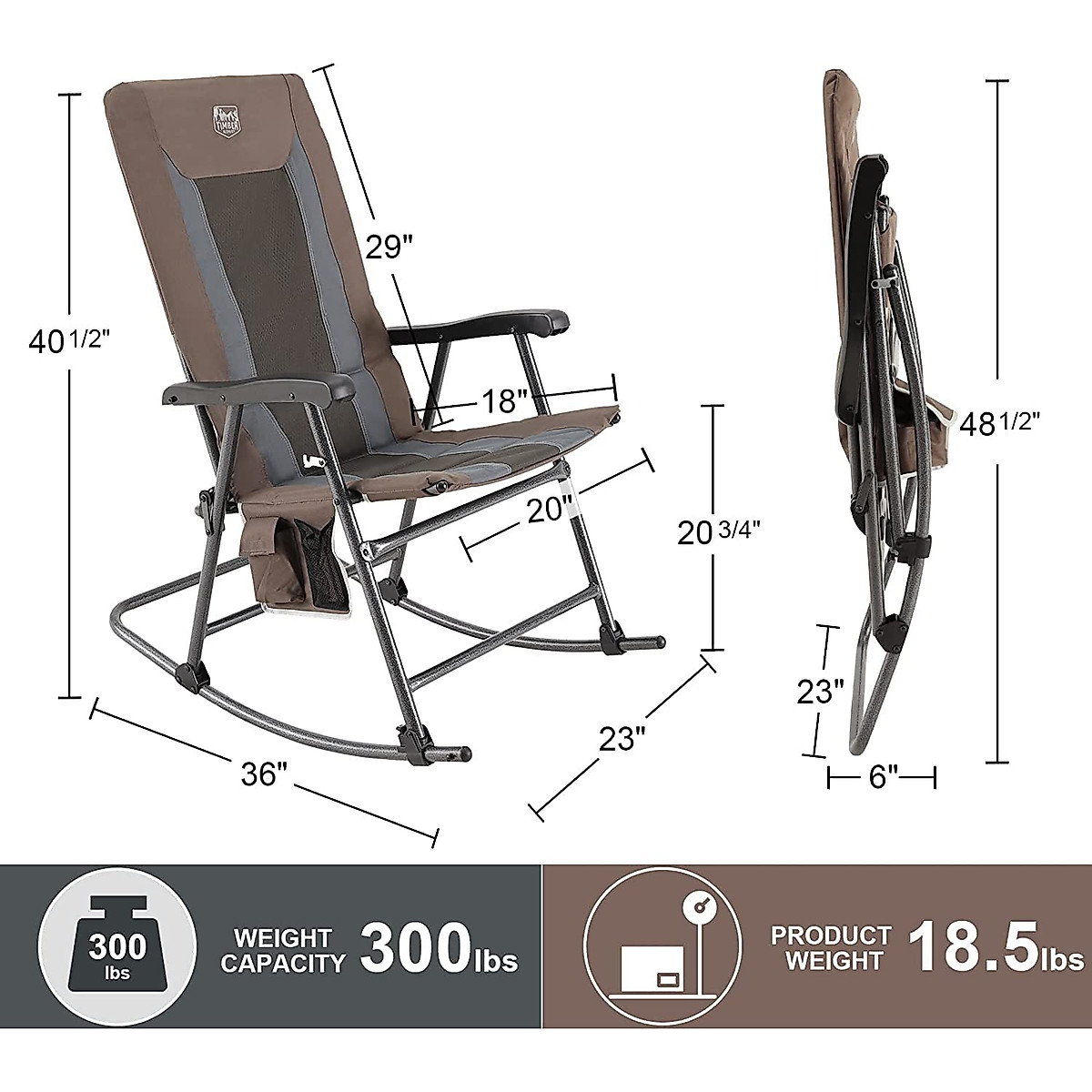 TIMBER RIDGE Foldable Padded Rocking Chair Set of 2 for Outdoor, High Back and Heavy Duty, Portable for Camping, Patio, Lawn, Garden, Yard or Balcony, Supports 300lbs, Brown