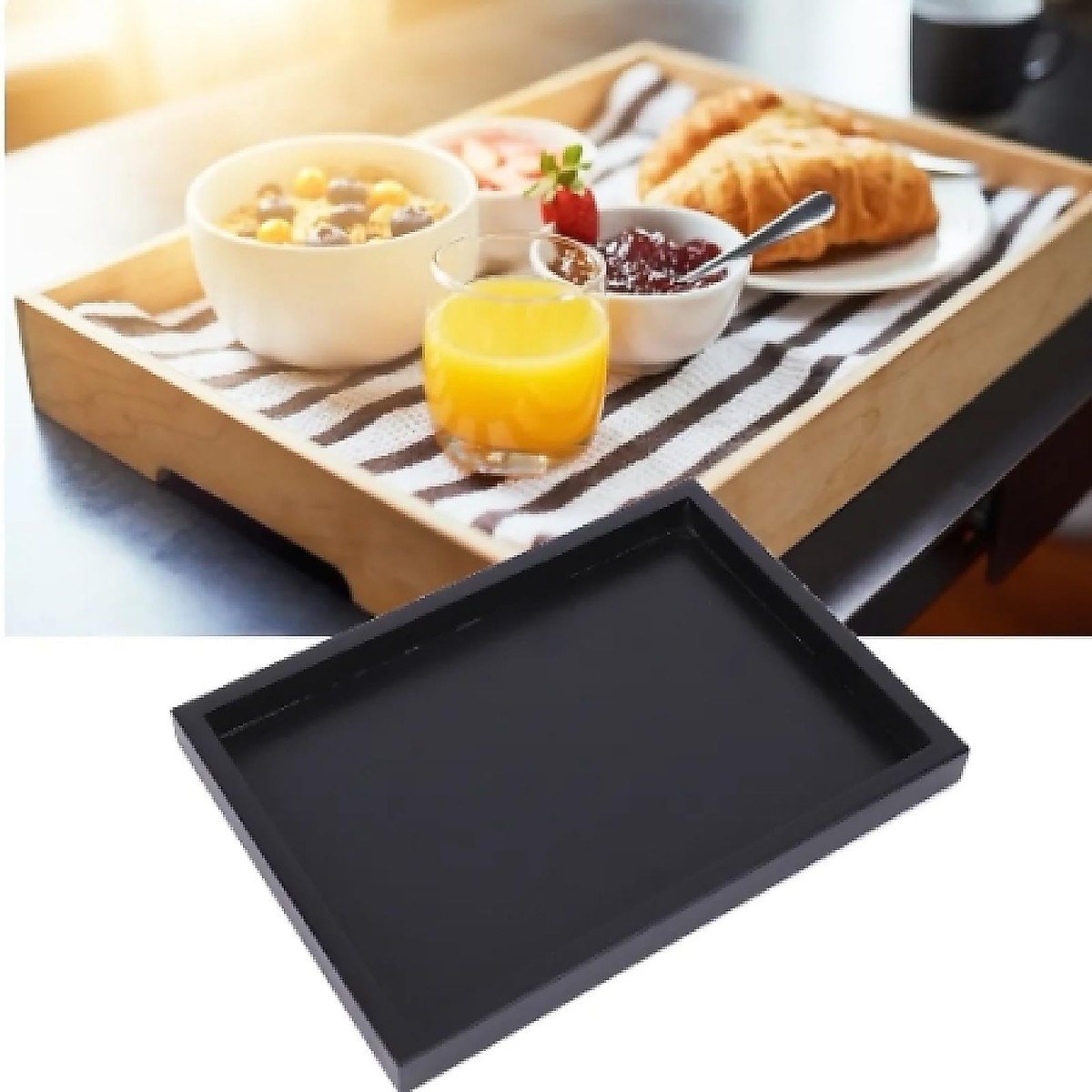 Wood Serving Tray, Reusable Dessert Platters Decorative Fast Food Trays Set for Kitchen Dining Room Party Breakfast in Bed Lunch Dinner Appetizers Patio Ottoman Coffee Table BBQ (Black)