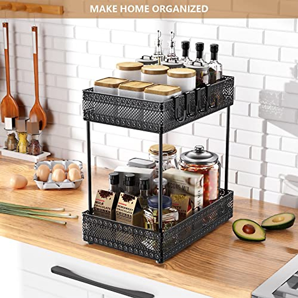 Under Sink Organizers and Storage, Metal Bathroom Organizers Countertop with 4 Hooks, 2 Tiers Under Cabinet Organziers and Storage, Under Kitchen Sink Organizers and Storage with 4 Non-Slip Feet