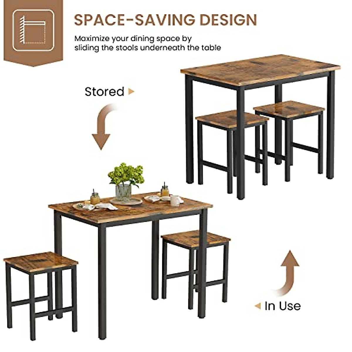 Recaceik 3 Piece Dining Table Set, Modern Bar Table Set w/ 2 Stools Kitchen Table Set for 2 Compact Design Kitchen Bar Table and Chairs for Dining Room, Living Room, Apartment, Small Space (Brown)