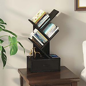 Rolanstar Bookshelf with Drawer, 4 Shelf Tree Bookshelf, Wooden Bookshelves Storage Rack for CDs/Movies/Books, Black Bookcase, Utility Organizer Shelves for Living Room, Bedroom