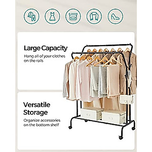 SONGMICS Clothes Rack, Double-Rod Clothing Rack with Wheels, Heavy-Duty Metal Frame, Garment Rack, 220 lb Max. Total Load, 40.7 Inches Wide, Clothes Storage and Display, Black UHSR107B01