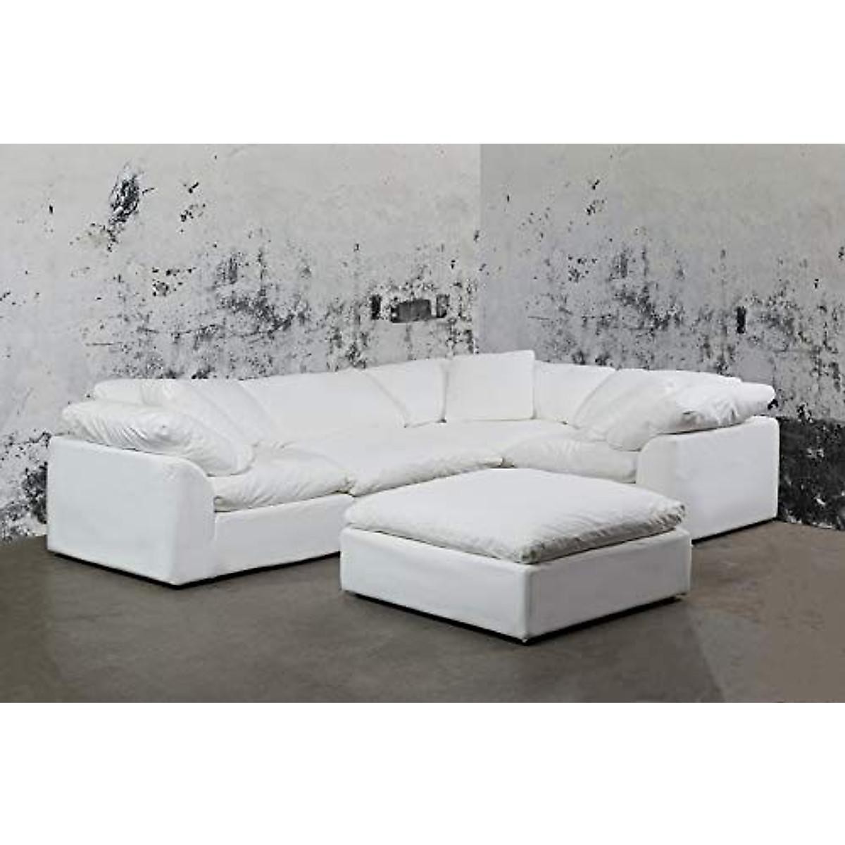 Sunset Trading Contemporary Puff Collection 5PC Performance Fabric Washable Water-Resistant Stain-Proof White Slipcovered Modular L-Shaped Sectional Sofa with Ottoman, Deep-Seat Down-Fill Couch