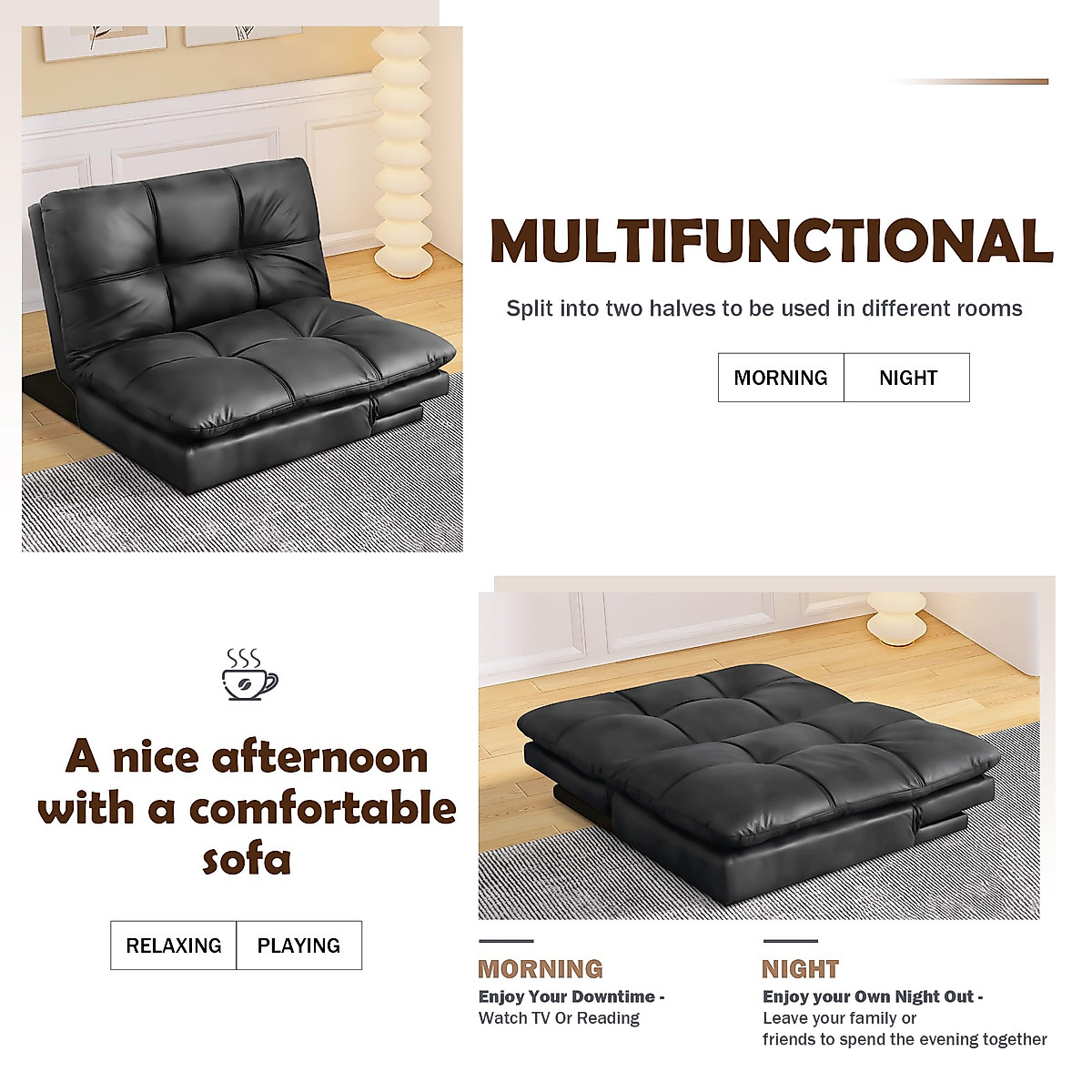 Erdoru Futon Sofa Bed, Memory Foam Futon Sleeper Sofa Loveseat Convertible Couch Bed for Small Compact Living Spaces,Apartment,Black Leather