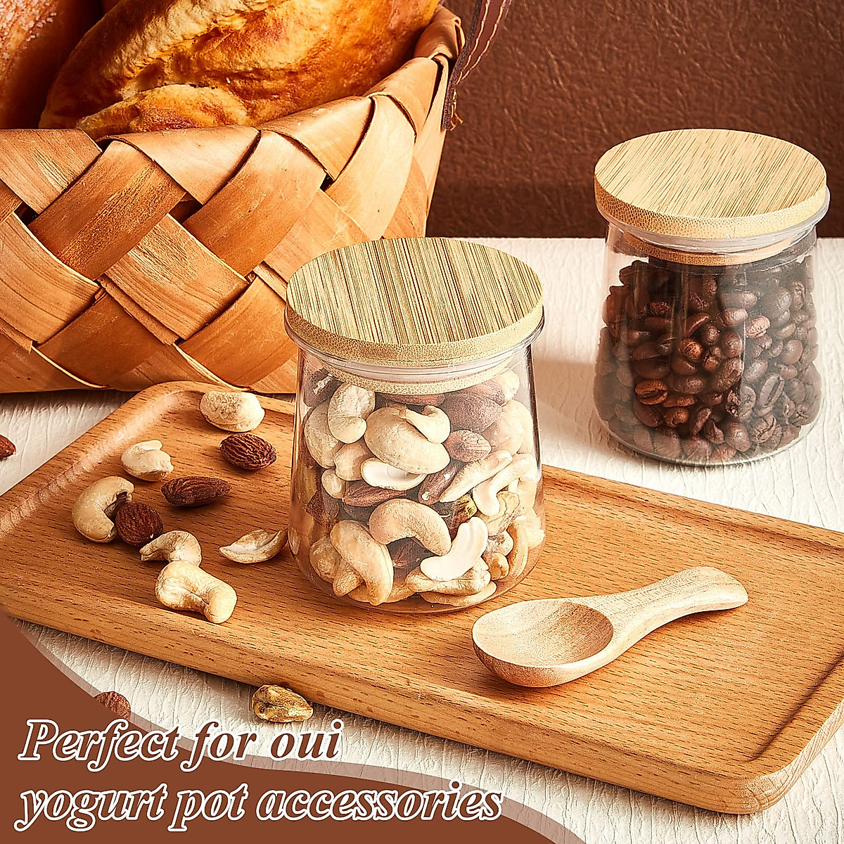 20 Pcs Yogurt Jar Lids with Small Spoons Bamboo Jar Lids Set with Silicone Sealing Rings Wooden Spoons for Jars Wooden Mason Jar Lids Compatible with Oui Yogurt Wood Cookie Glass Storage Lids