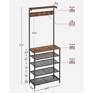 VASAGLE Hall Tree with Shoe Bench, Coat Rack Shoe Bench, 5-Tier Shoe Rack Different Heights, 5 Dual Hooks, Top Shelf, Entryway Organizer, Hallway Bedroom Dorm, Rustic Brown and Black UHSR412B01