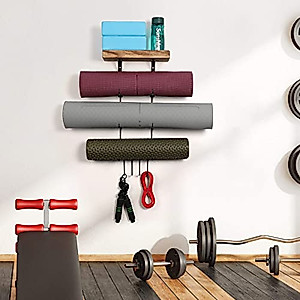 VINAEMO Yoga Mat Holder Accessories Wall Mount Organizer Storage Decor Foam Roller and Towel Storage Rack with 4 Hooks and Wooden Shelves Yoga Mats Rack Block Resistance Bands for Home Gym School