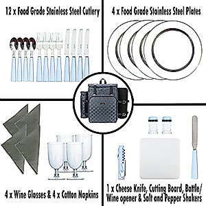 Picnic Backpack for 4 with Blanket, Insulated Picnic Backpack with Cooler Compartment, Travel Picnic Backpack with SS Plates, Cutlery, Wine Glasses, Chopping Board, Bottle Opener, Napkins S/P Shakers