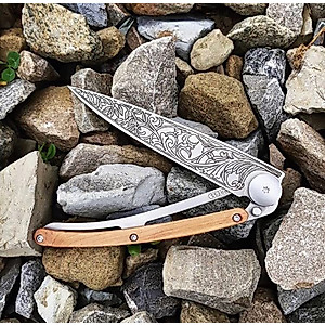 Ultra-light folding pocket knife with belt clip - Juniper Wood 1.3 oz version - Thin and sharp blade - Art Nouveau design - Stainless steel - Elegant and modern design