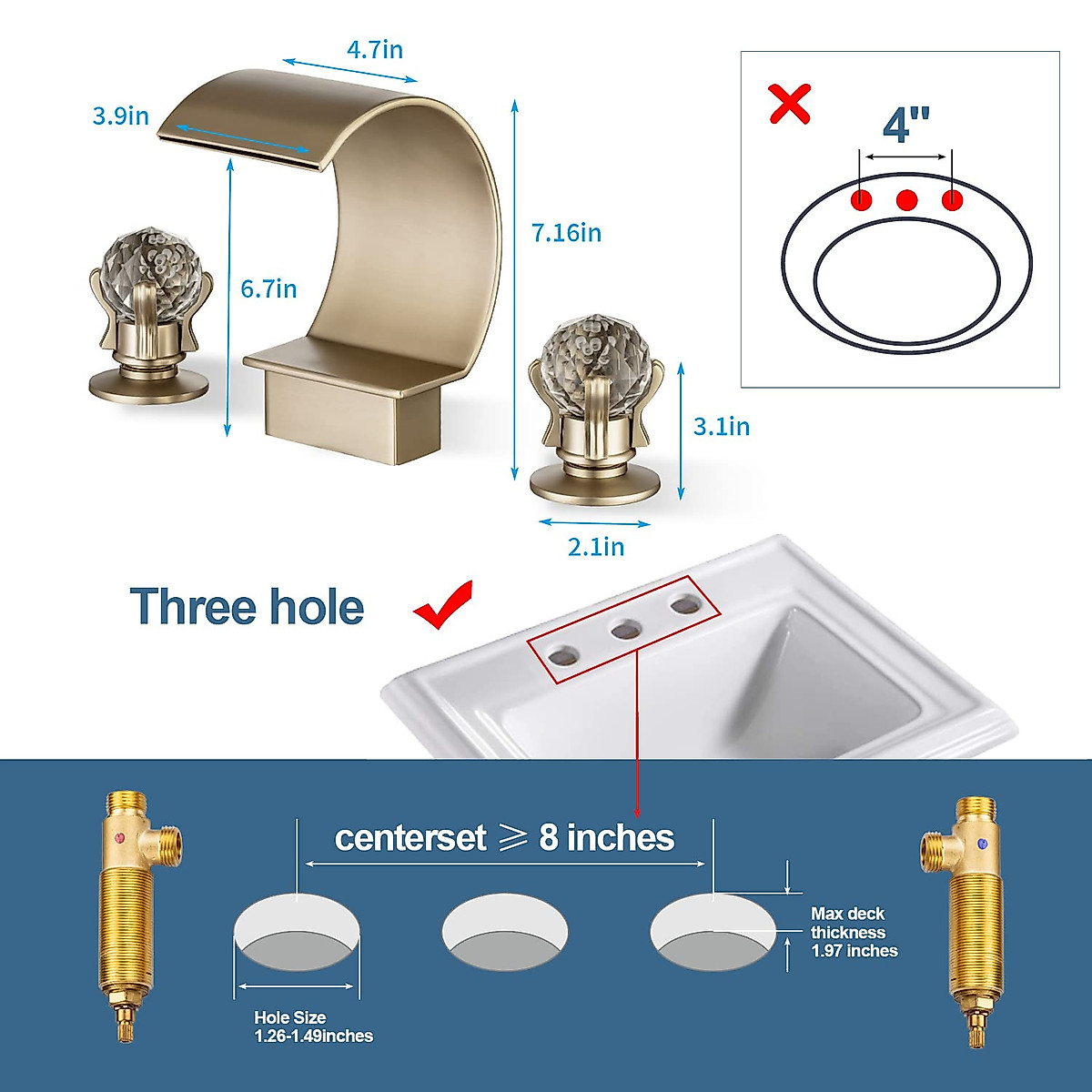 BANGPU Bathroom Sink Faucet 3 Hole Widespread Waterfall Bathroom Faucets with Crystals Handles Basin Mixer Tap 8-Inch High Arc Vanity Faucet with Supply Hose, Brushed Gold