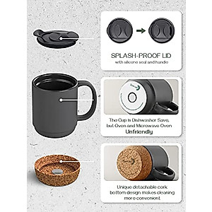 DOWAN Coffee Mugs, 15 oz Mug Set of 2, Large Ceramic Coffee Mug with Cork Bottom and Spill Proof Lid for Men, Women, Big Mug for Coffee Latte, Tea, Gifts for Graduation, Matte Grey