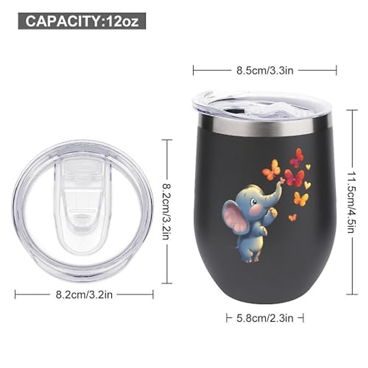 Butterfly Elephant Insulated Tumbler with Lid Stainless Steel Coffee Mug Cute Wine Tea Water Cup Black-style
