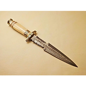 Skokie Knives Handmade Damascus Steel Dagger Knife - :Original Camel Bone Handle - with Brass Spacer and Red Fiber Sheet