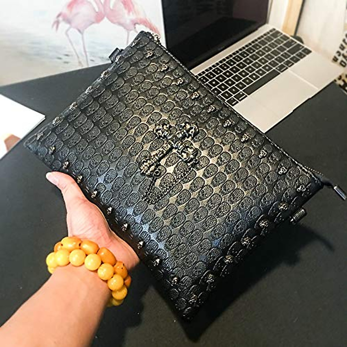 DownUpdown Men Women Clutch Skull Clutch Handbags Punk Evening Bag Faux Leather Skull Print Wallet Handbags Gothic Purse Cross Chain Clutch with Shoulder Strap -Black